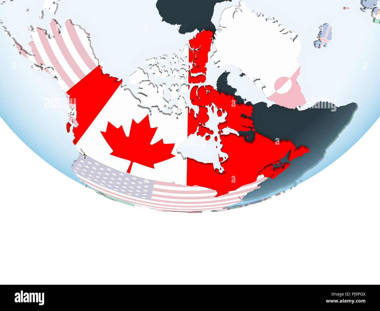 Canada on bright political globe with embedded flag. 3D illustration ...