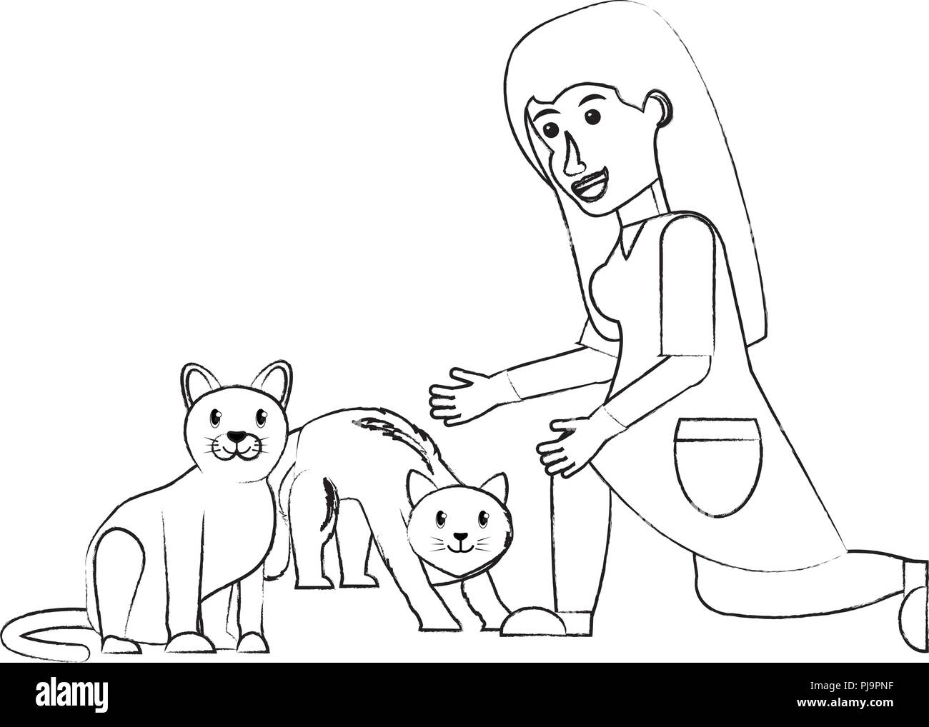 cartoon woman on her knees strocking a cute cats over white background ...