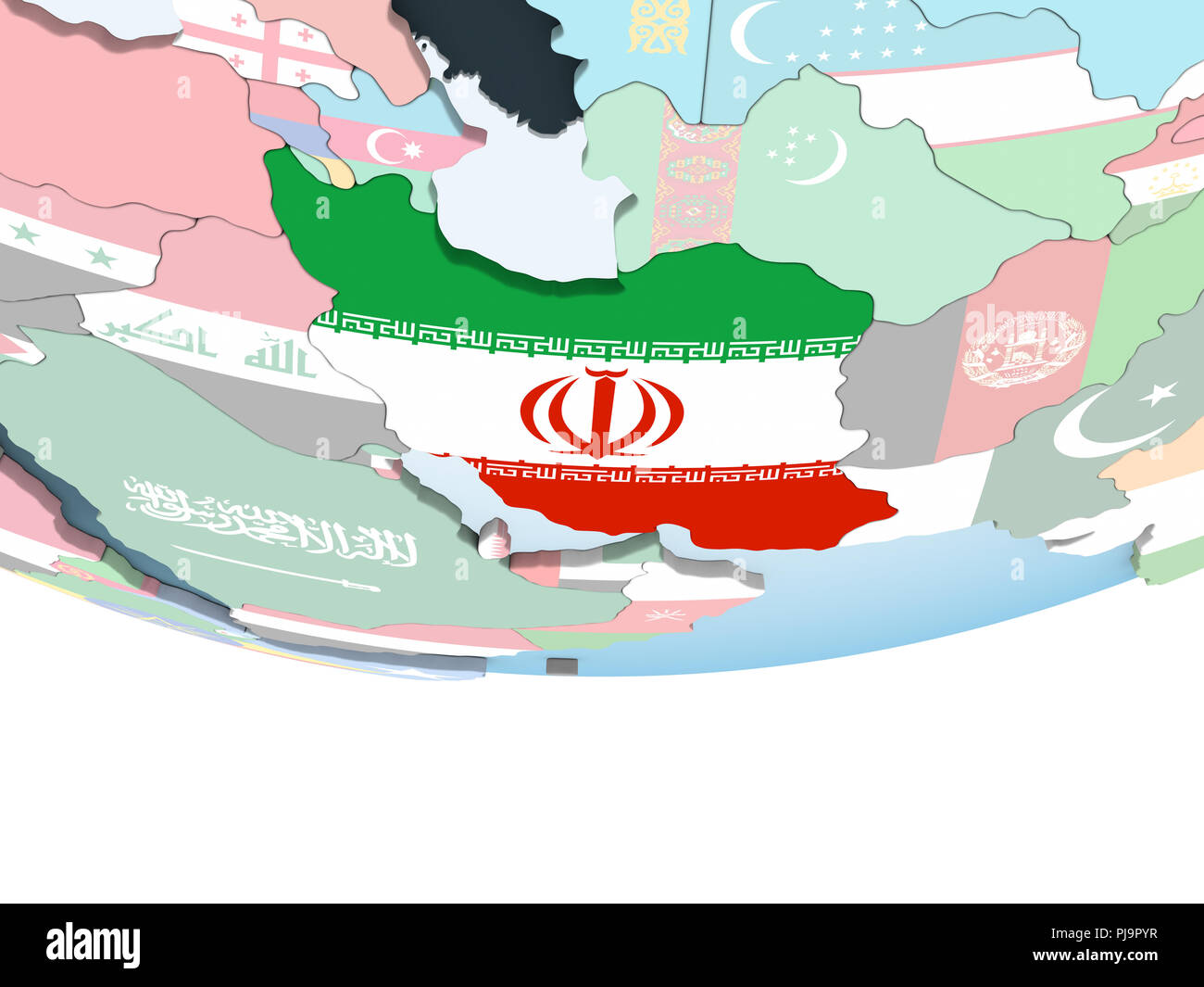 Iran on bright political globe with embedded flag. 3D illustration ...