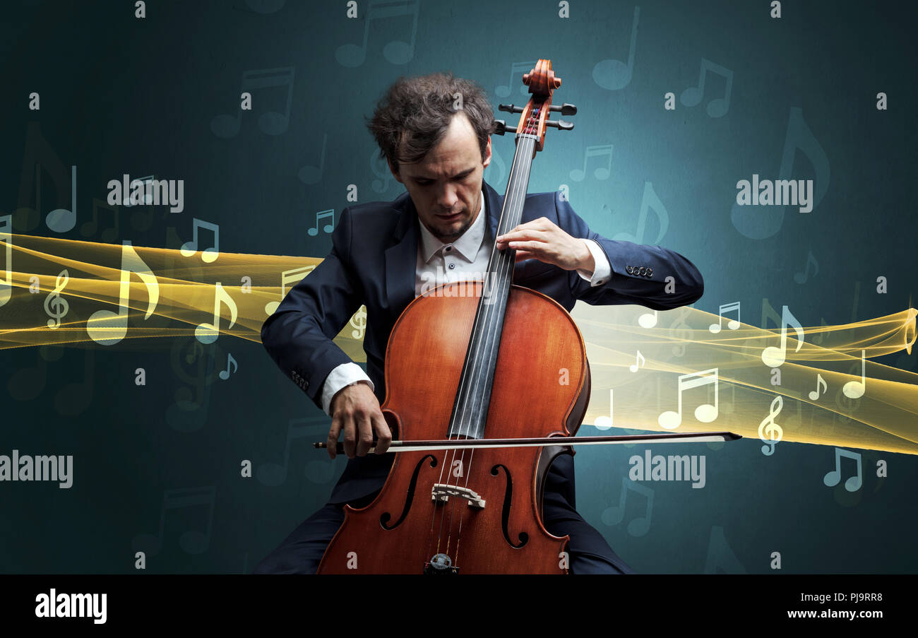 Young male musician playing on his cello with musical notes around ...
