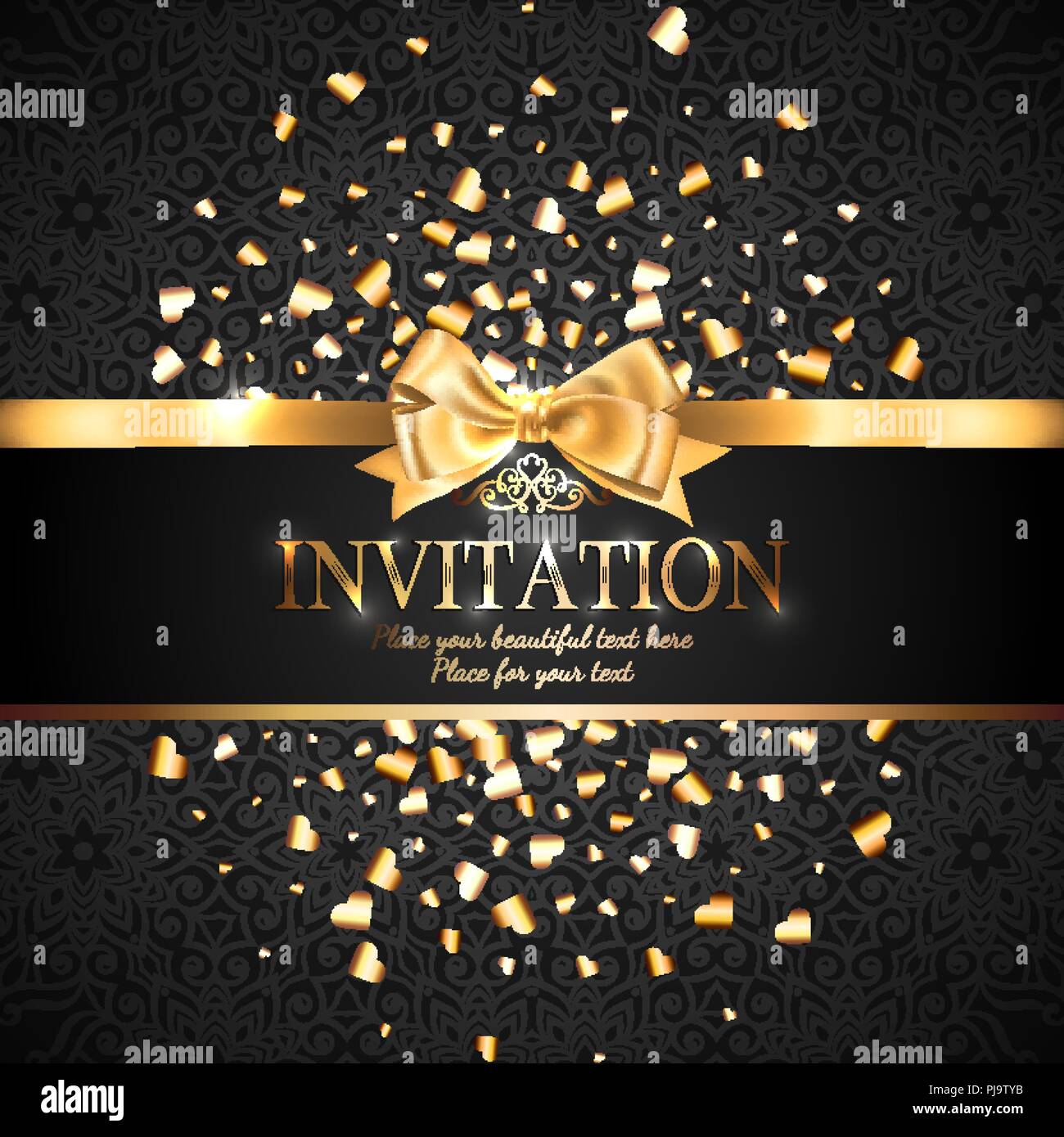 Gorgeous and shiny invitation card or banner with gold ribbon bow and ...