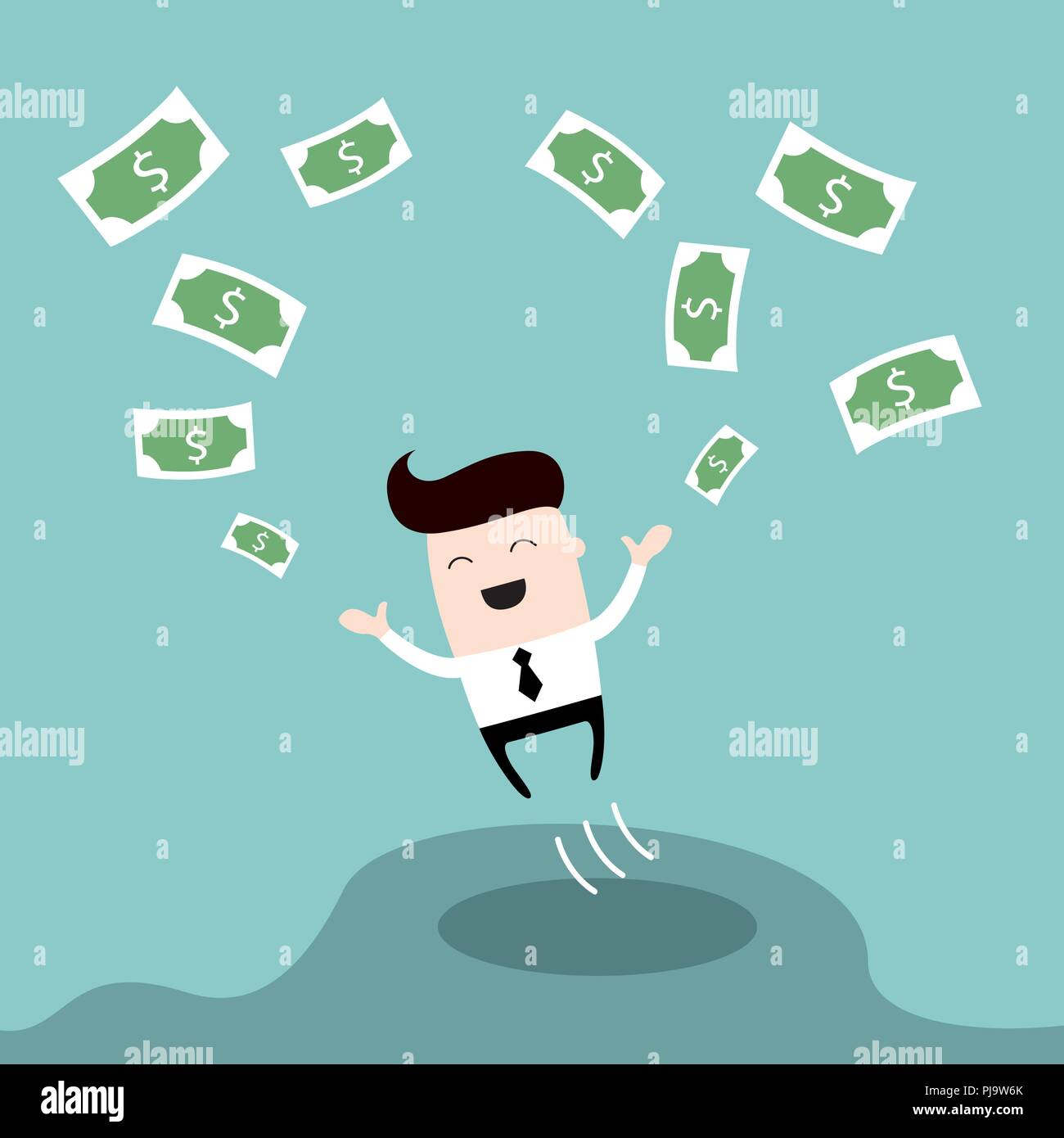 Happy businessman jumping surrounded by money Cute cartoon character ... Happy businessman jumping surrounded by money Cute cartoon character ...
