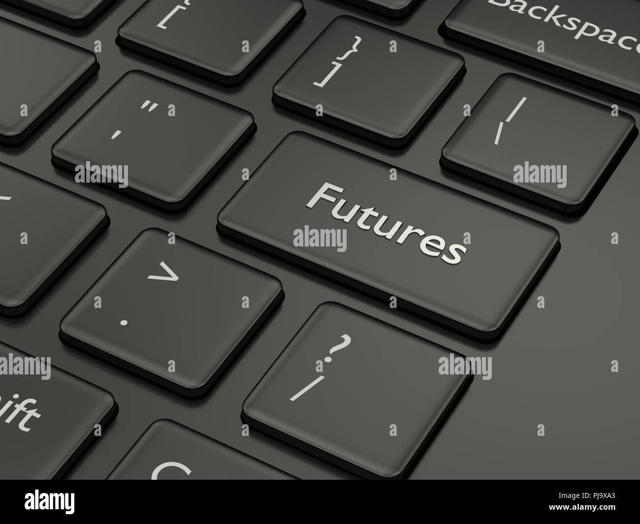 3d render of computer keyboard with FUTURES button. Stock market issue ...