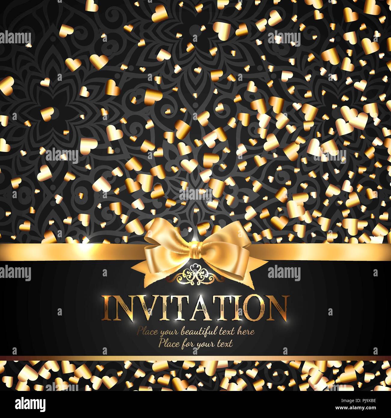 Gorgeous and shiny invitation card or banner with gold ribbon bow and ...
