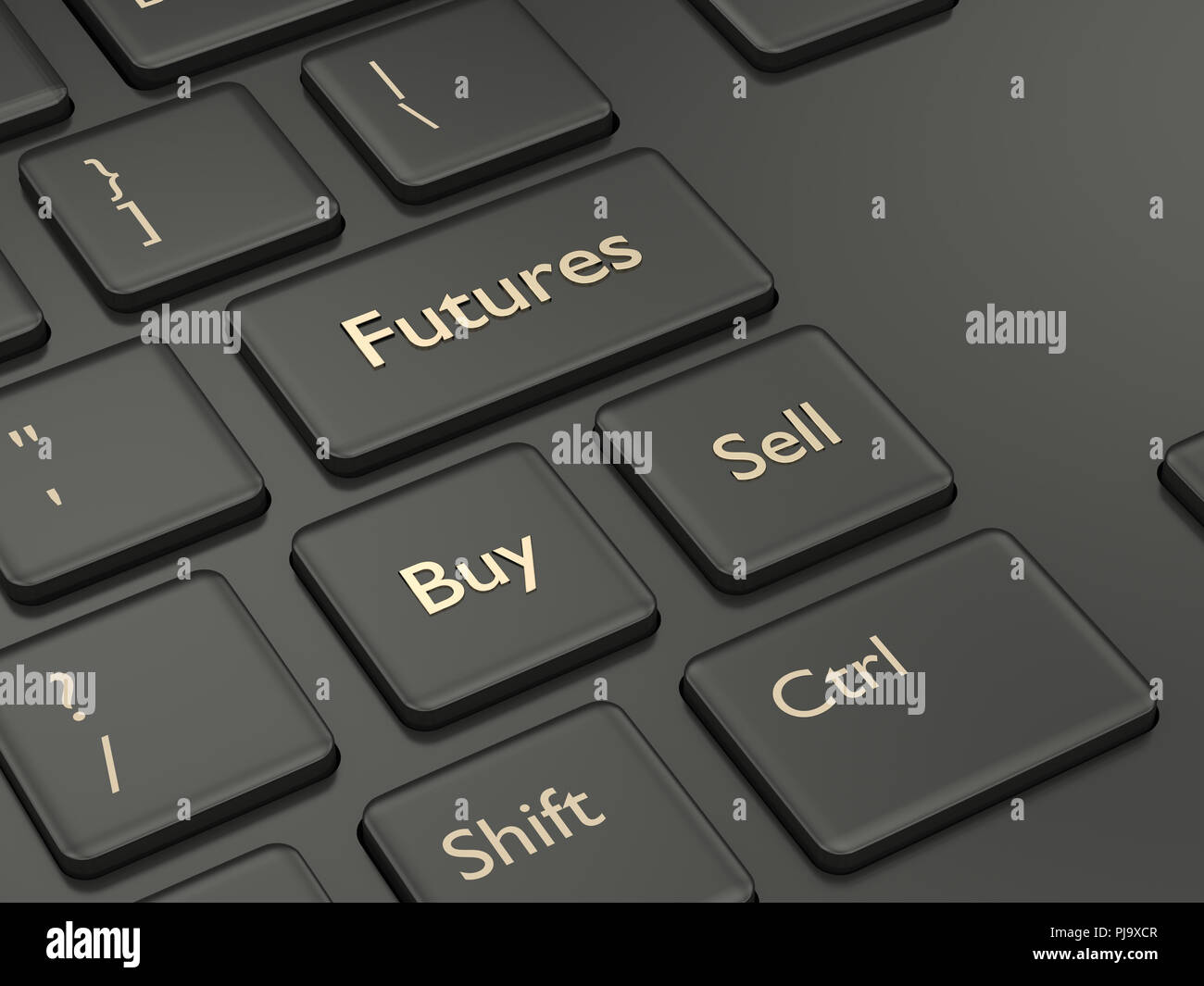 3d render of computer keyboard with FUTURES button. Stock market issue ...
