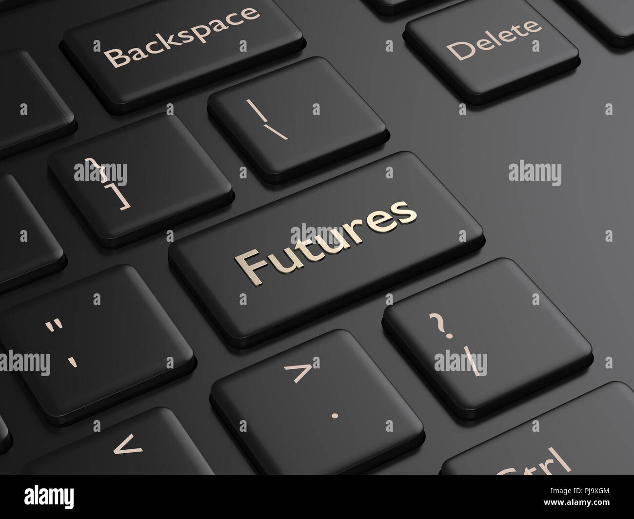 3d render of computer keyboard with FUTURES button. Stock market issue ...