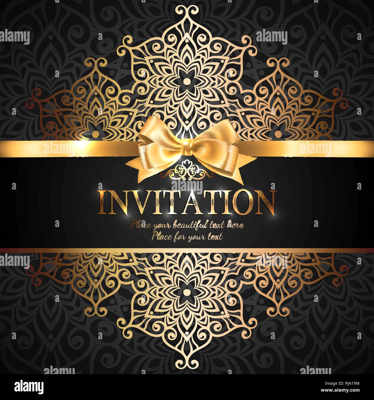 Gorgeous and shiny invitation card or banner with gold ribbon bow and ...