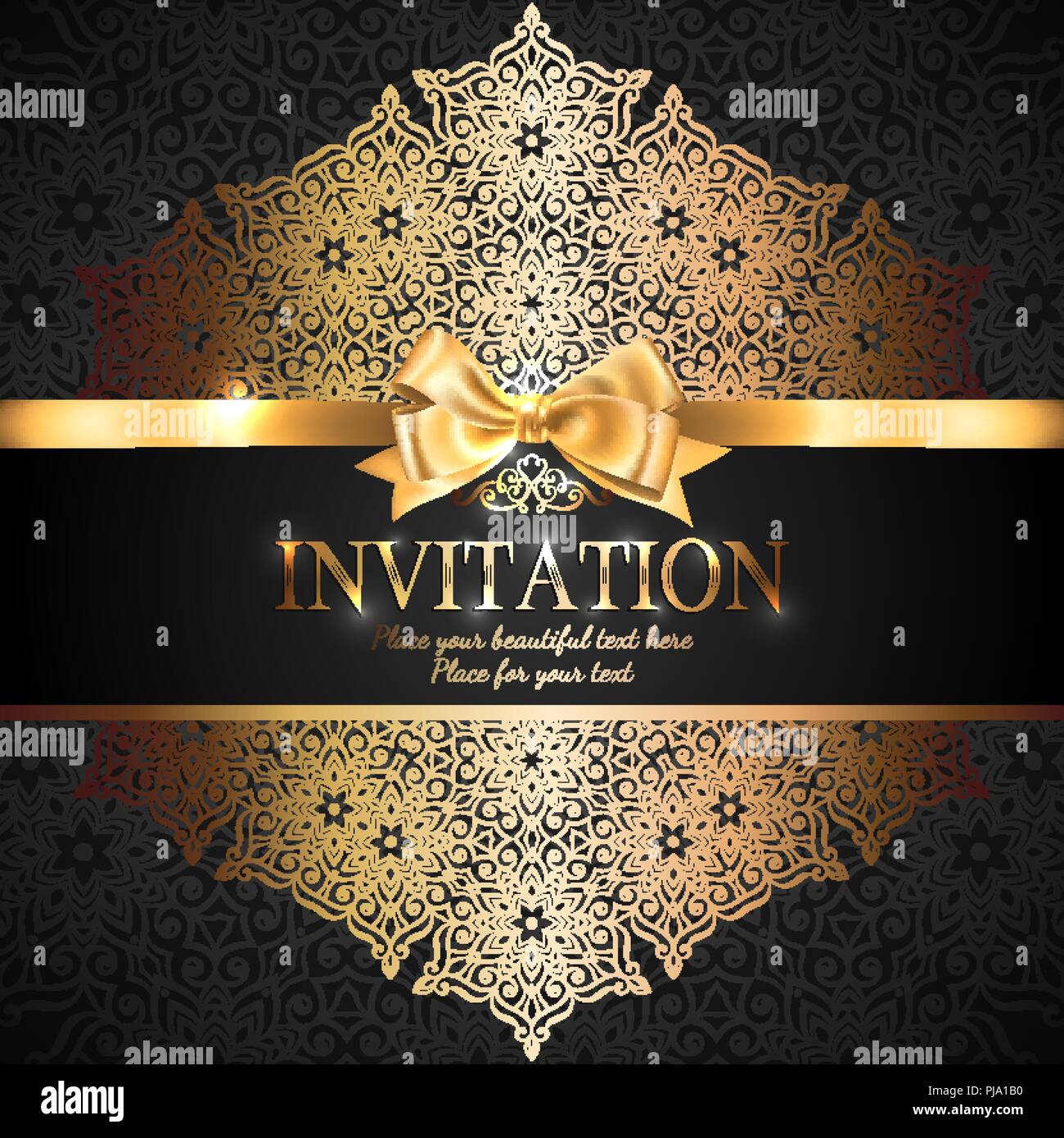 Gorgeous and shiny invitation card or banner with gold ribbon bow and ...