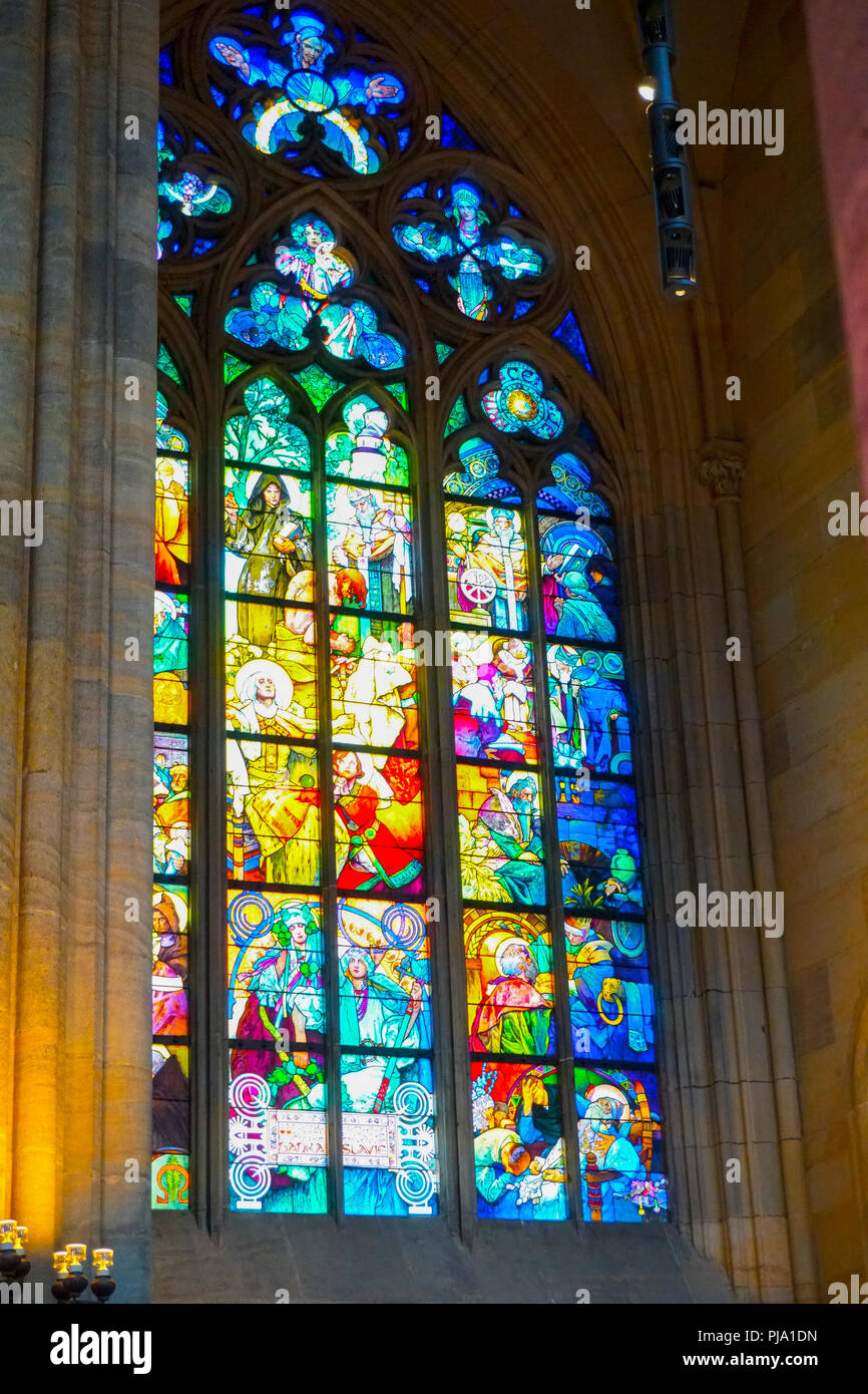 Stained glass window with icon in st. Vitus Cathedral in Prague, Czech ...