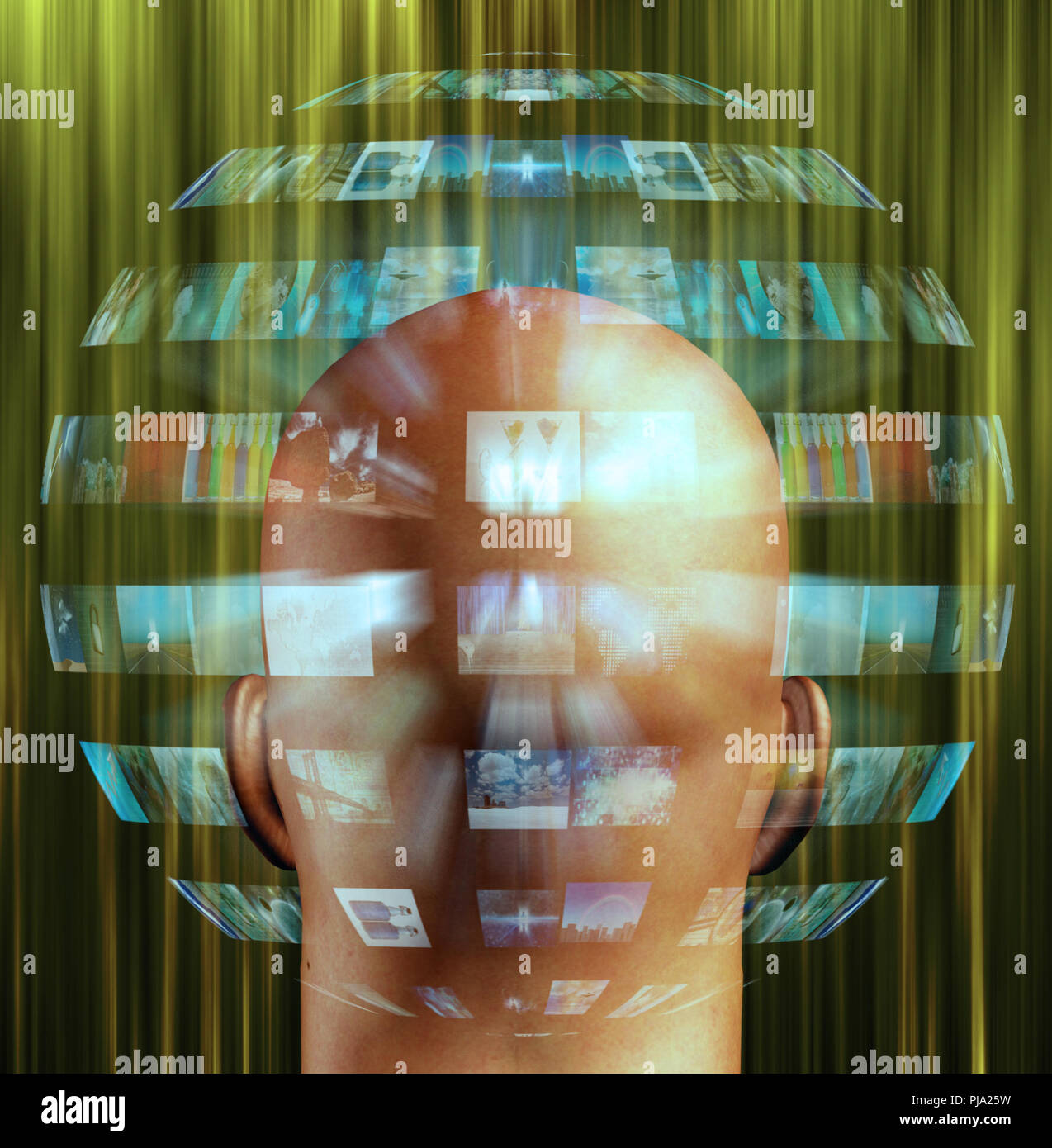 Sphere of images surround mans head Stock Photo - Alamy