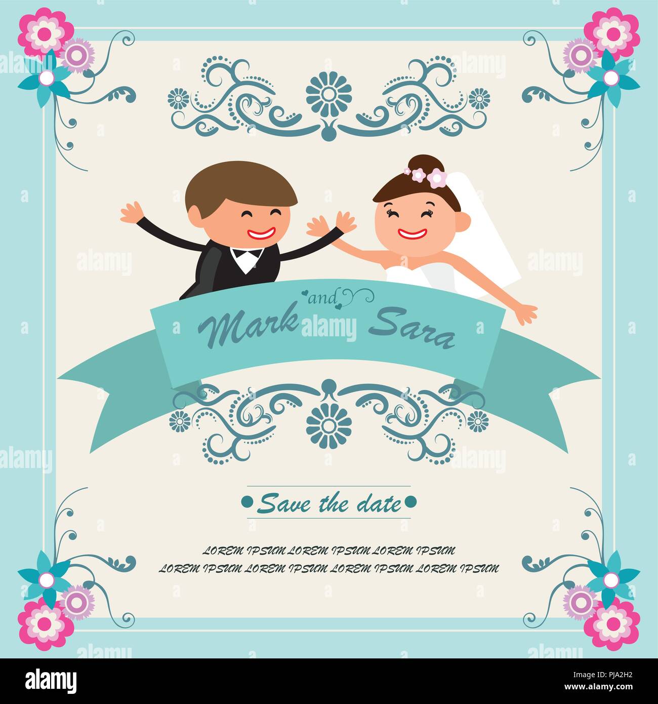 Template bride and groom, wedding invitation card, with crowd of wreath ...