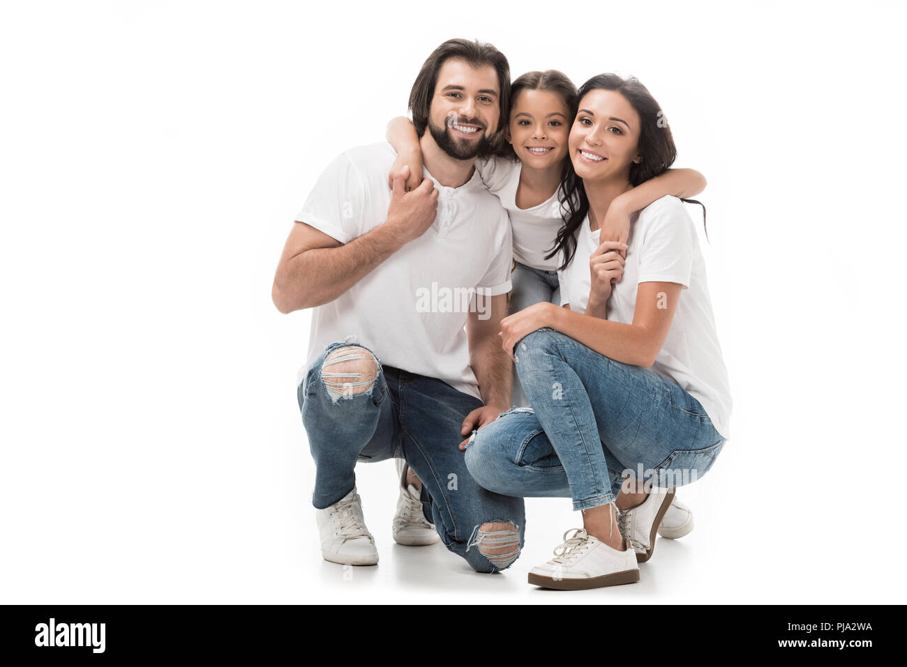 cheerful daughter hugging parents isolated on white Stock Photo - Alamy