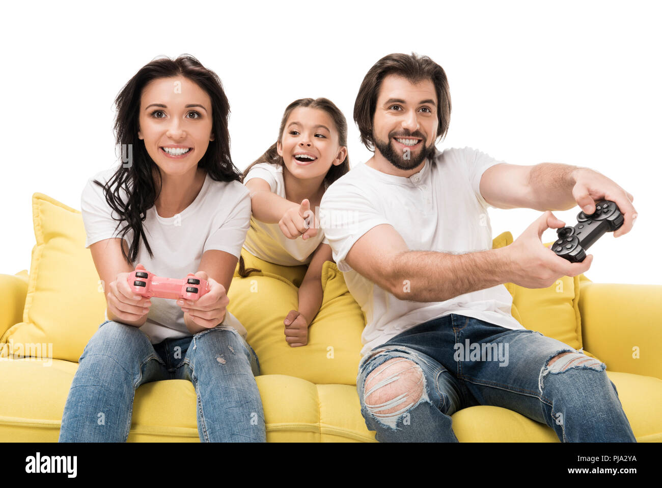 happy family playing video games together isolated on white Stock Photo ...