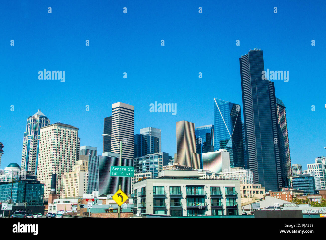 Seattle Washington skyline from Highway 99 Stock Photo - Alamy