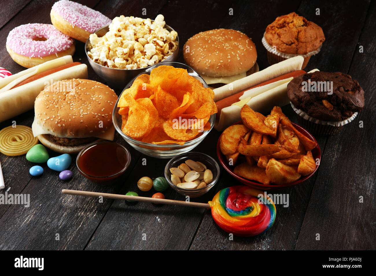 Unhealthy products. food bad for figure, skin, heart and teeth ...