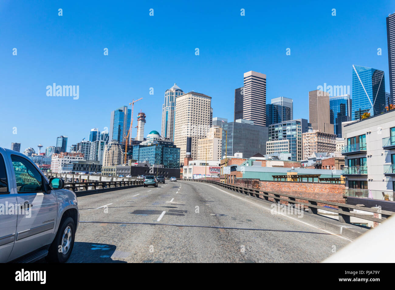 Driving along the waterfront in Seattle Washington on Highway 99 Stock ...
