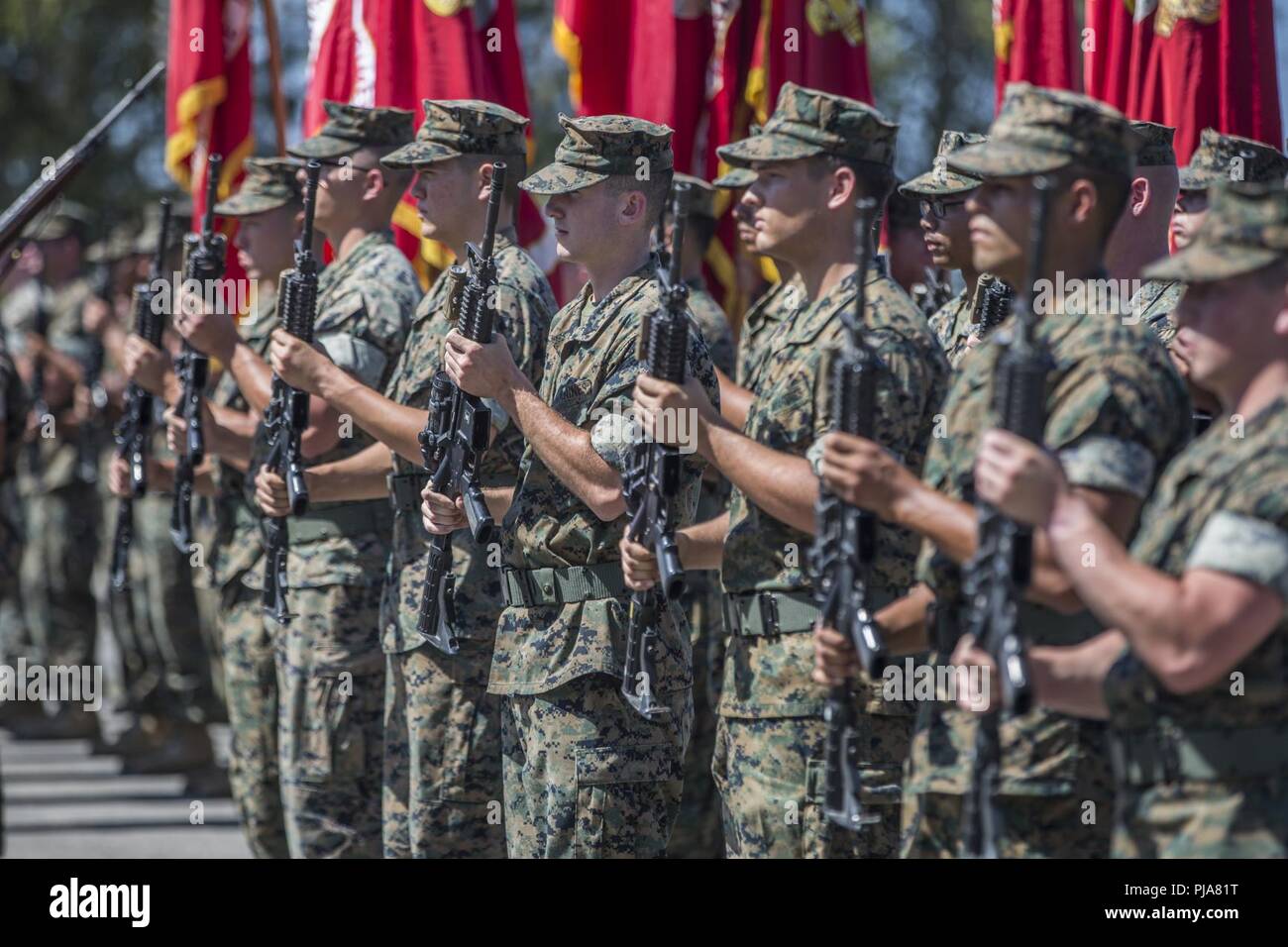U.S. Marines with the 1st Marine Division participate in a change of ...