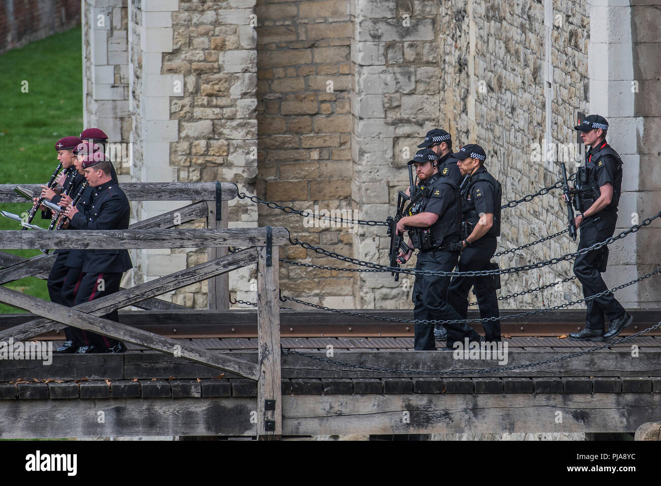 London, UK. 5th September 2018. Guarding the soldiers - Marching out of ...