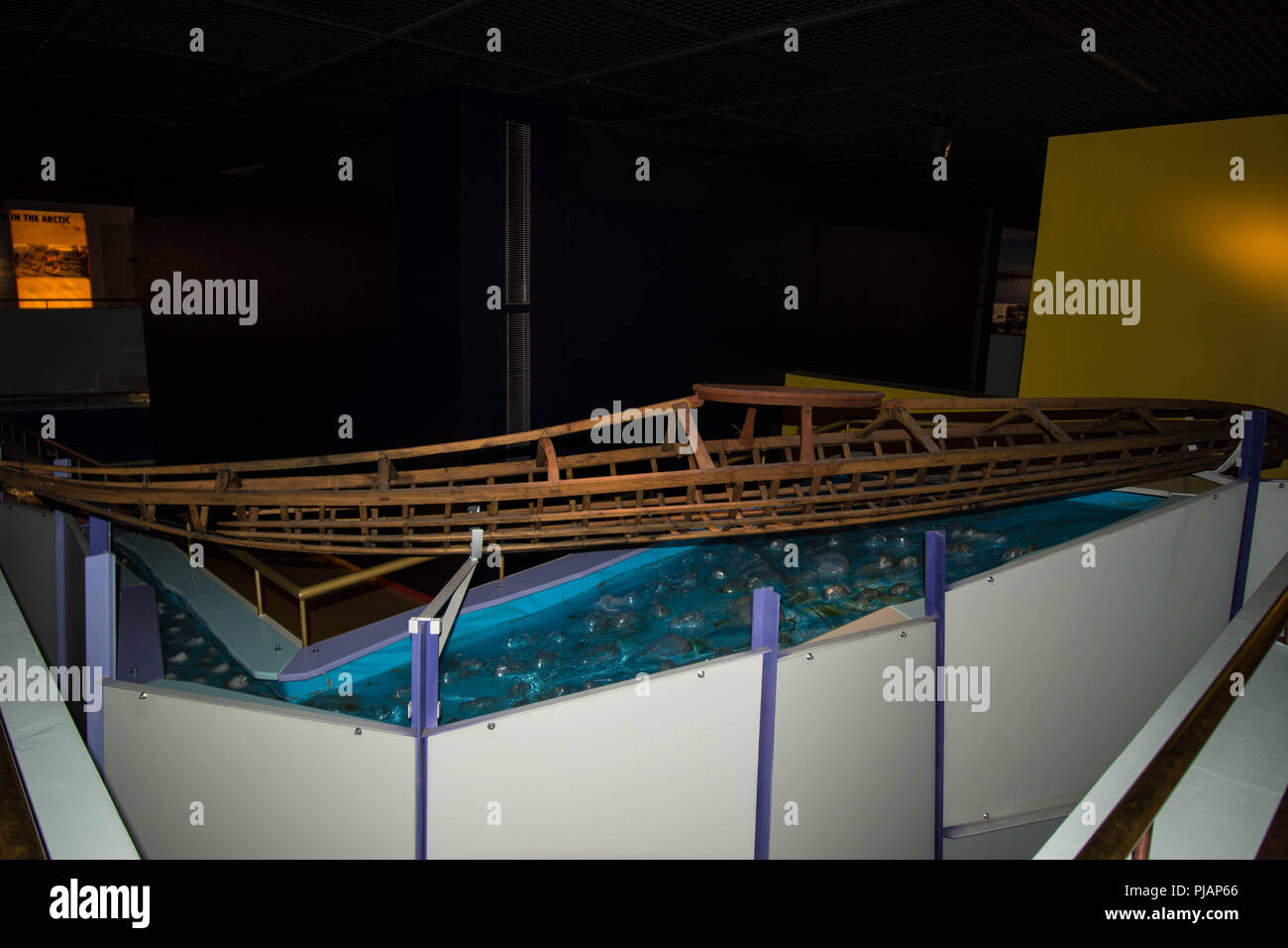 Boat in a museum in the Arktikum Rovaniemi Finland expedition frame ...