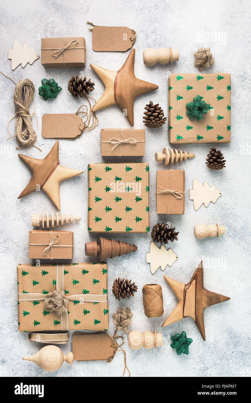 Brown Christsmas present boxes with sparkling embossed fir trees, pine ...