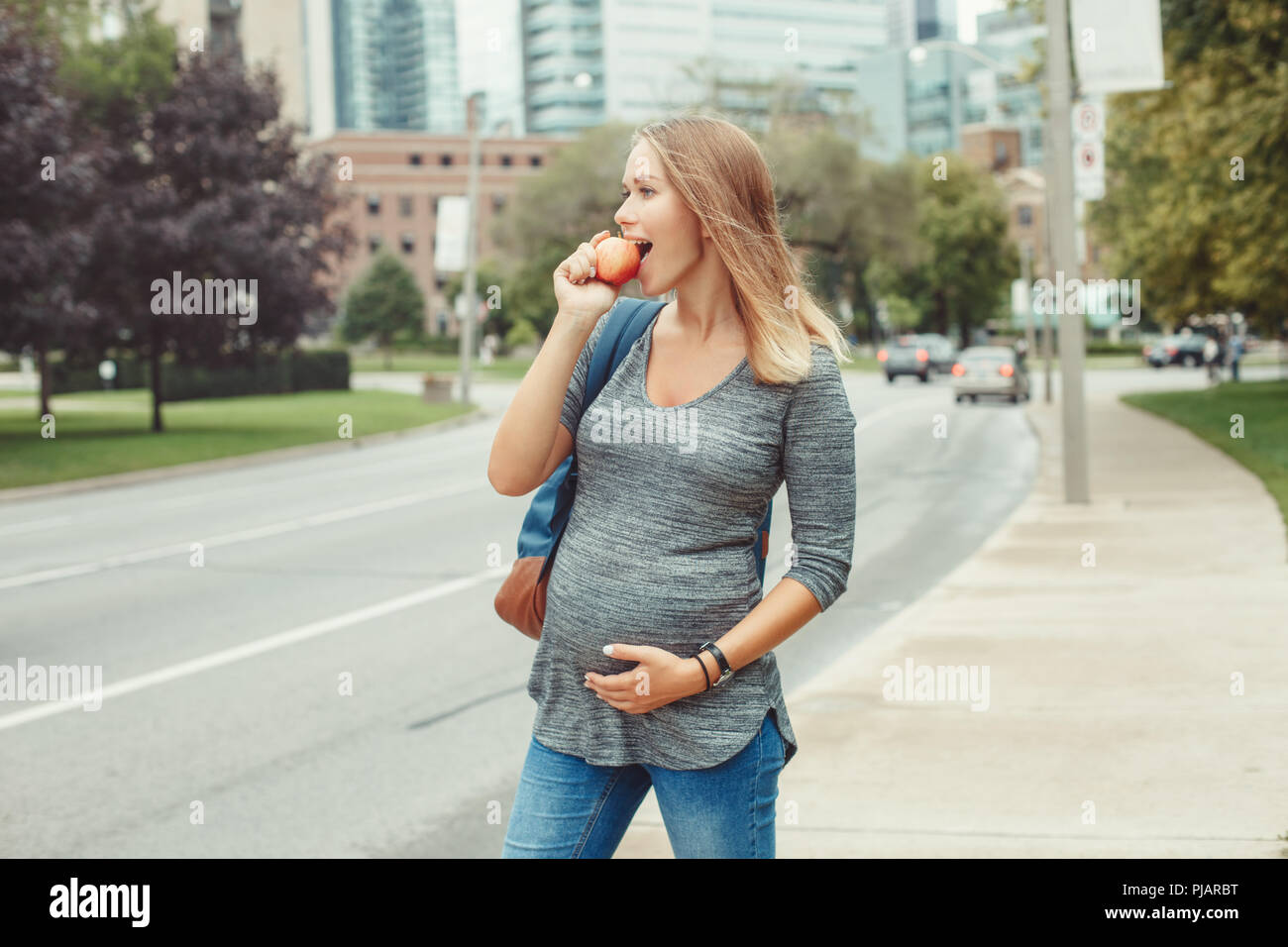 Happy healthy pregnancy. Portrait of caucasian pregnant young blonde ...