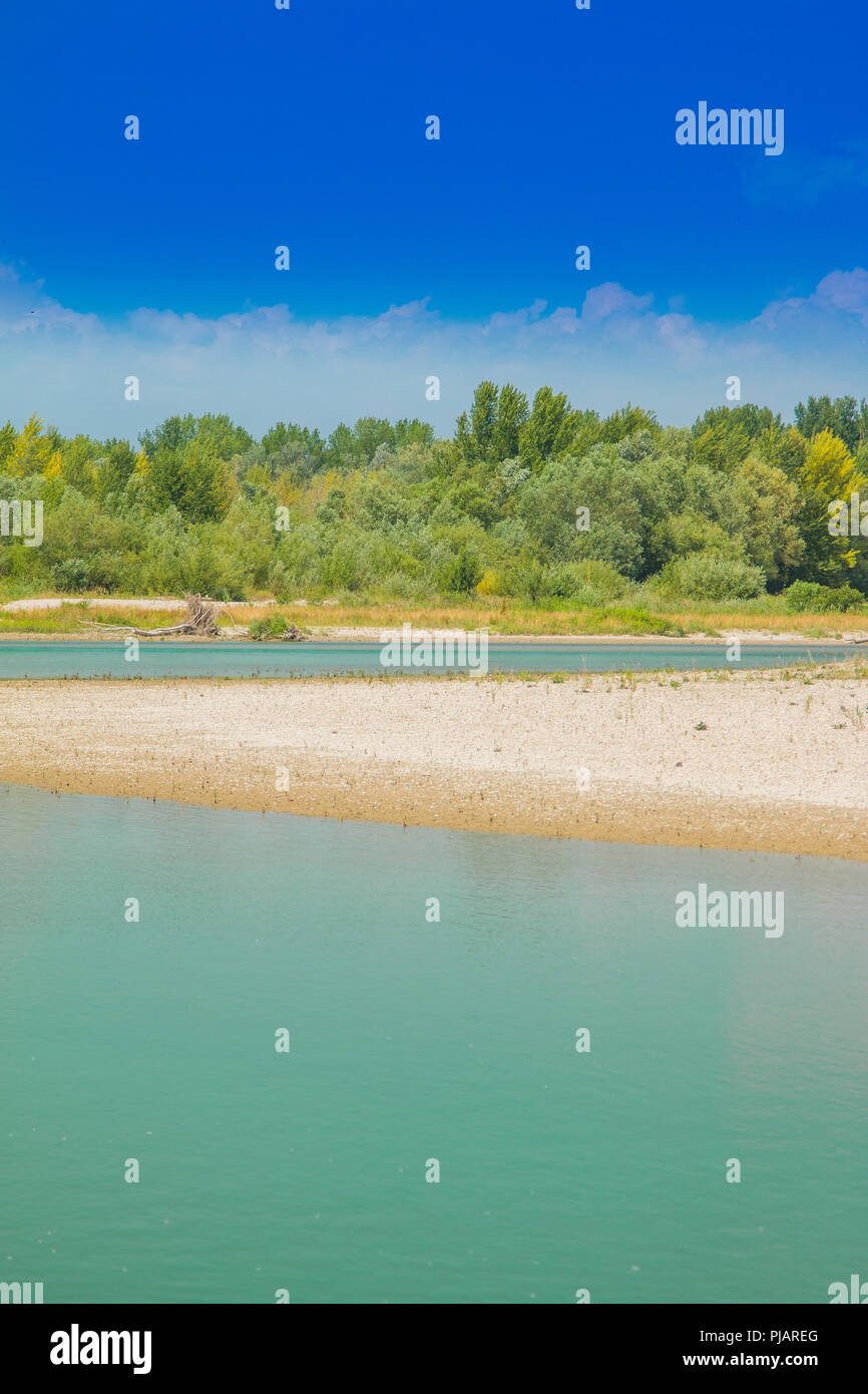 Beautiful nature landscape, sand beach on Drava river in Medjimurje ...