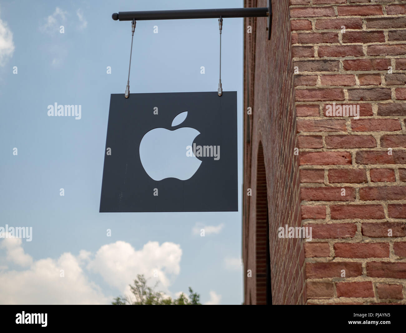 Cut out Apple logo and sign outside of Williamsburg, NY location Stock ...
