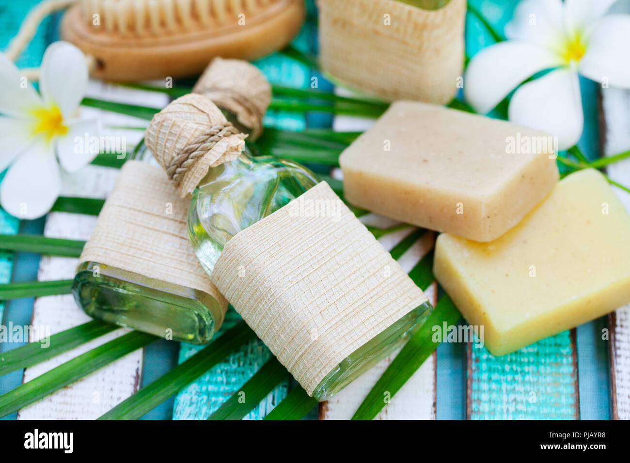 Spa and wellness massage setting. Outdoor summer background. Close up ...