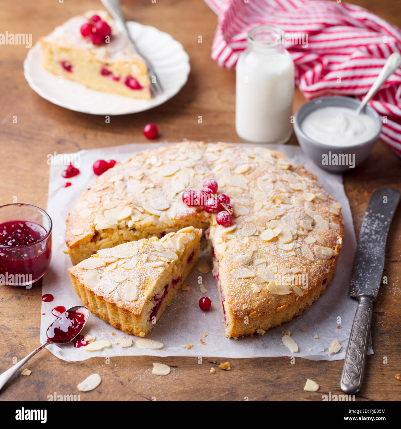 Almond and raspberry cake, Bakewell tart. Traditional British pastry ...