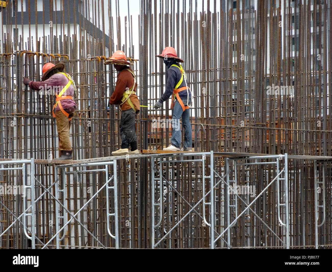 Construction workers installing reinforcement bar at the construction ...