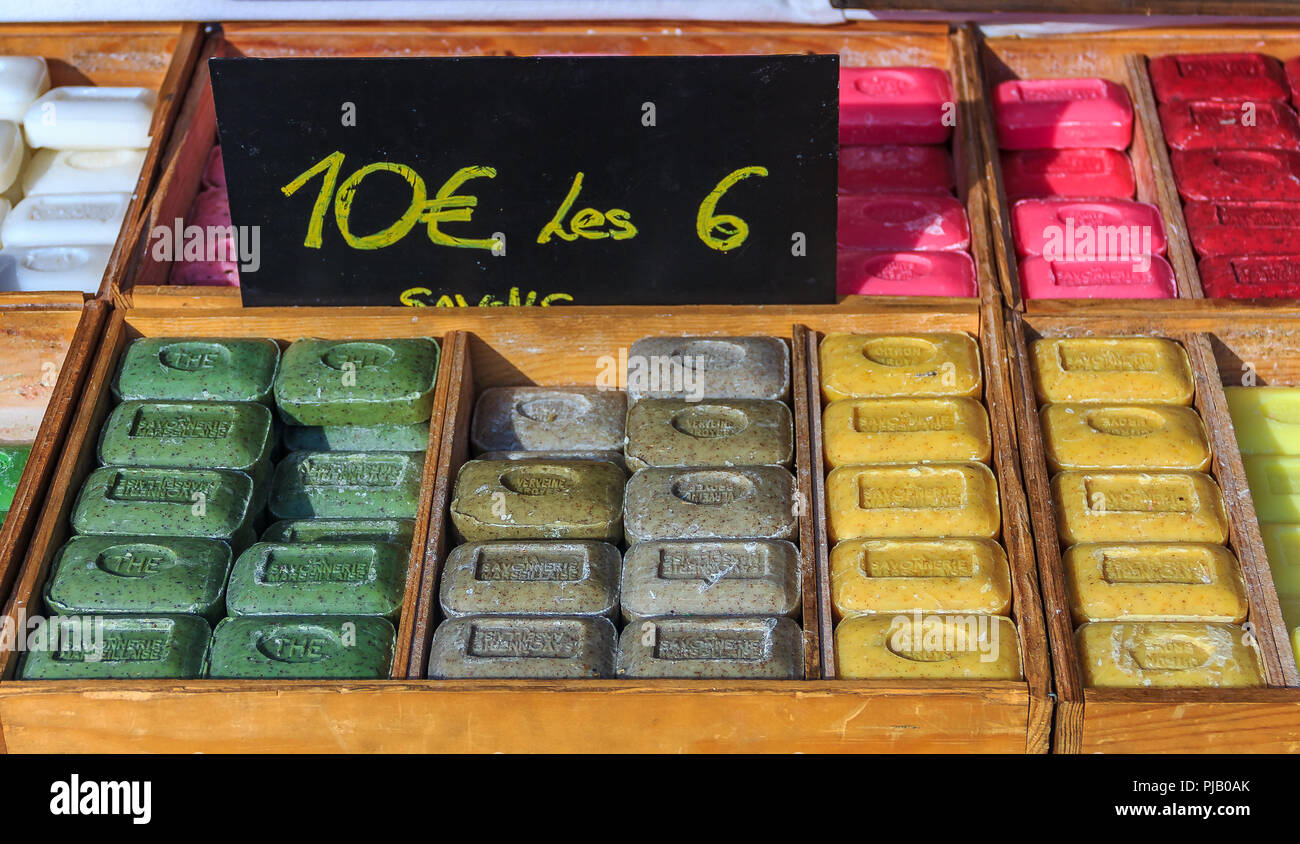 Colorful natural handmade French soap with lemon, tea and verbena scent ...