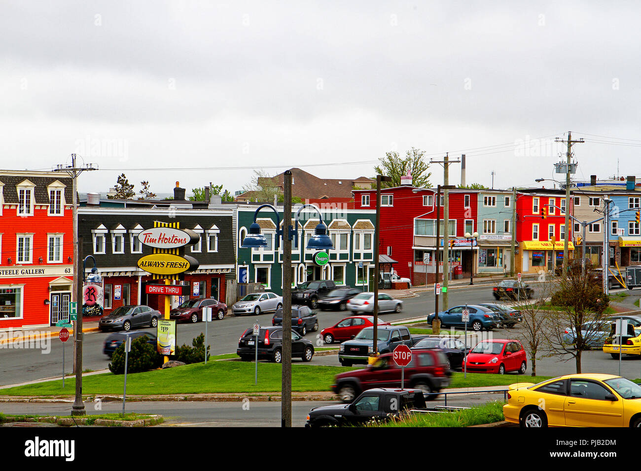 Busy street scene in the capital city of St. John's, Newfoundland ...