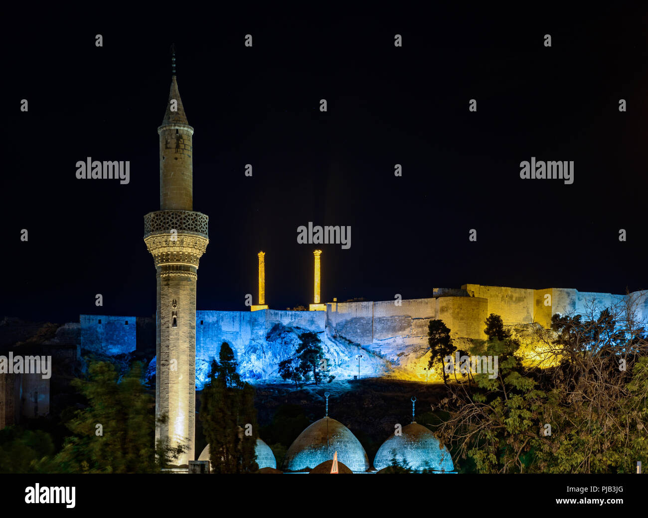 Landmarks of Sanliurfa city such as Urfa Castle also minaret and domes ...