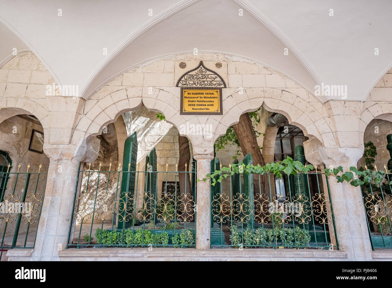View of Sheikh Osman Avni tomb, mausoleum at courtyard of Mevlidi Halil ...