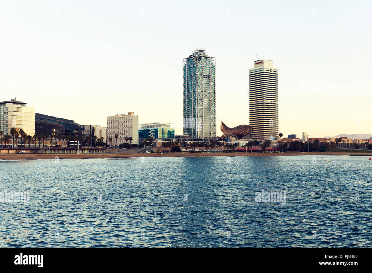 View barcelona from barceloneta beach hi-res stock photography and ...