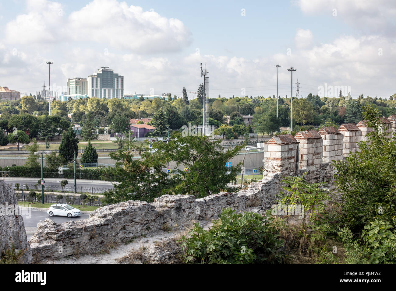 Ruins of The Walls of Constantinople against city of Istanbul . Walls ...