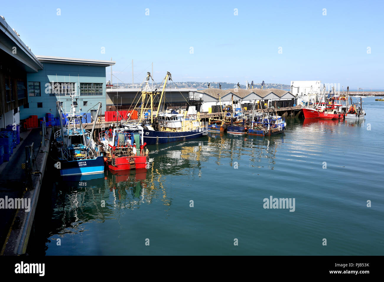 General view of the harbour in Brixham, Devon, full of fishing ships ...