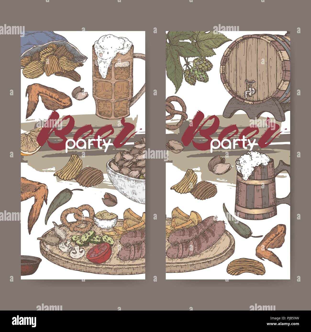 Two color beer party labels with beer keg, mug, chips, nuts, chicken ...