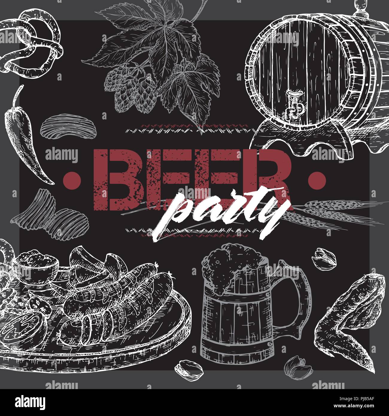 Beer party template with beer keg and mug, hop branch, wheat, chips ...