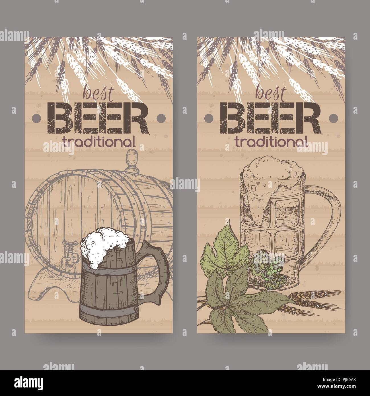 Two labels with hand drawn beer keg, mug, hop and wheat on cardboard ...