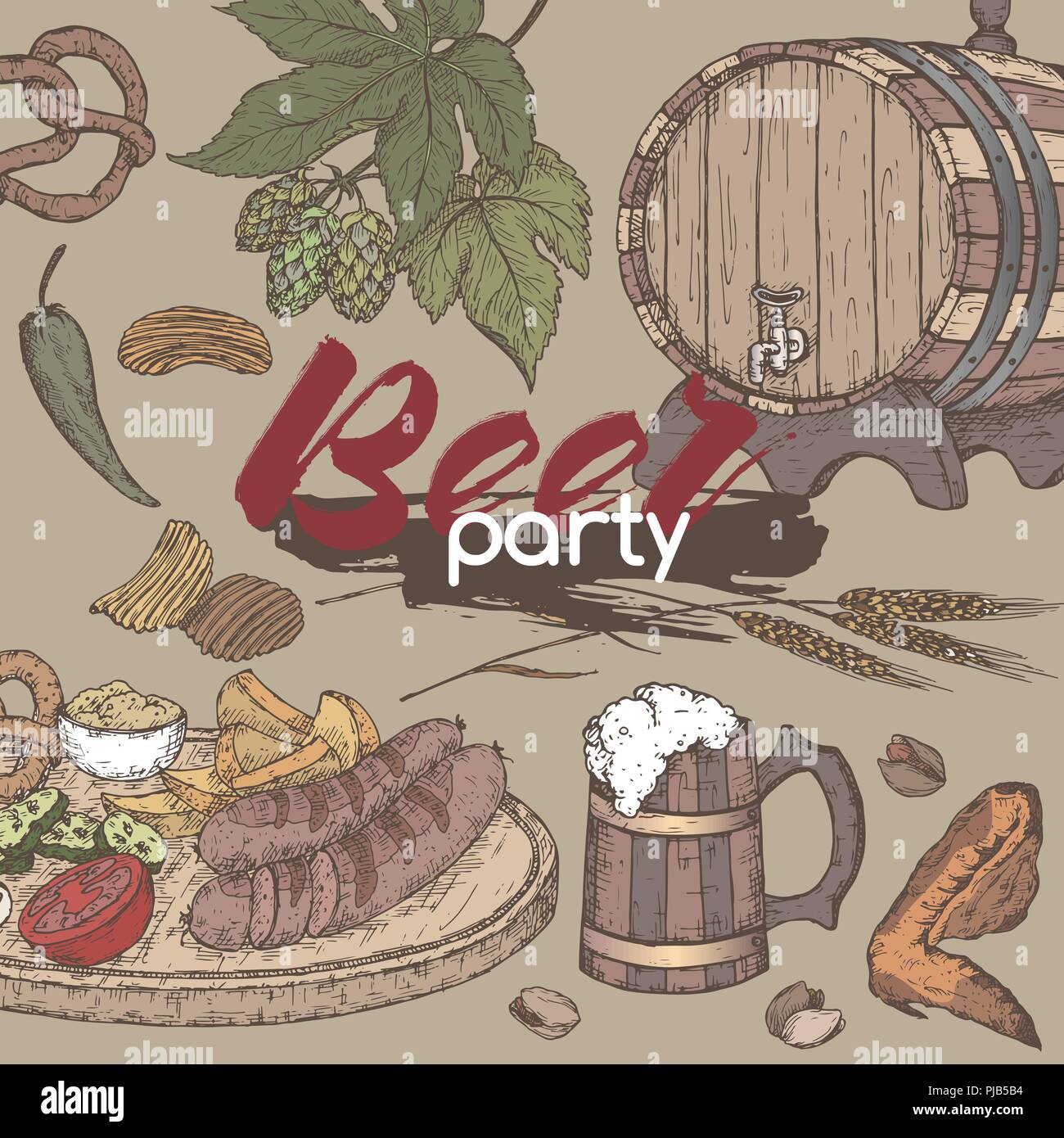 Beer party color template with beer keg and mug, hop branch, wheat ...