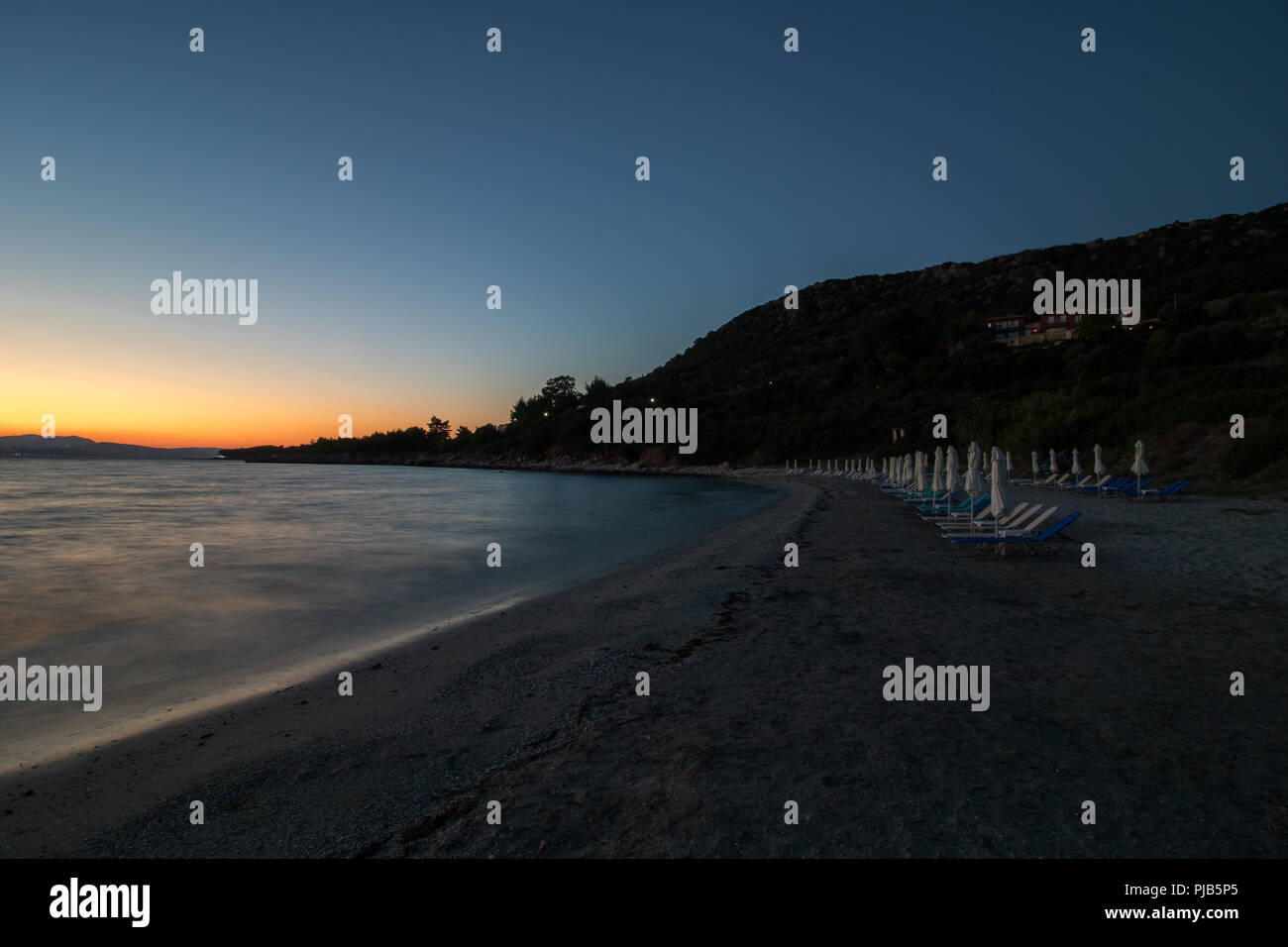 Blue hour on Kalamia beach near the tourist resort Lassi on Greek ...