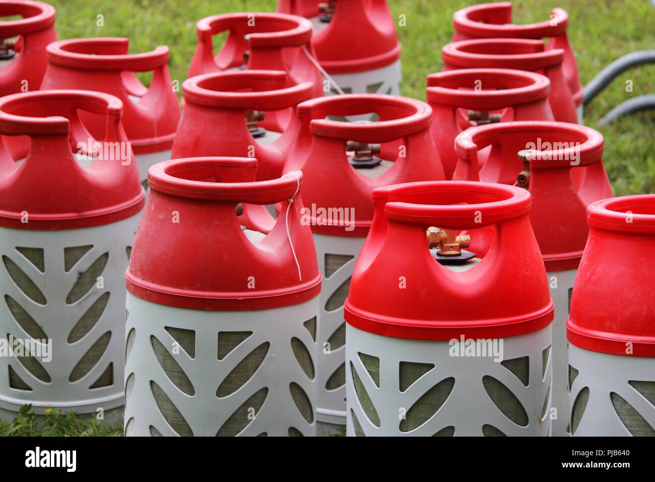 Composite gas cylinders of red and gray color in volume of 18,2 liters ...