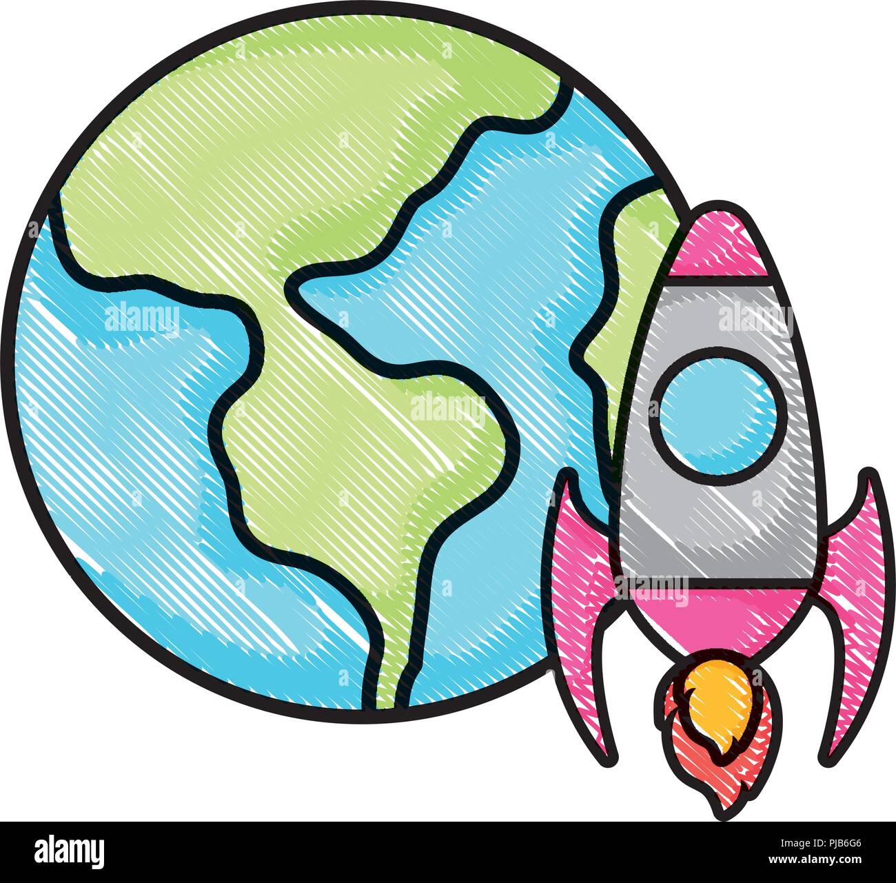 earth planet and space rocket over white background, vector ...
