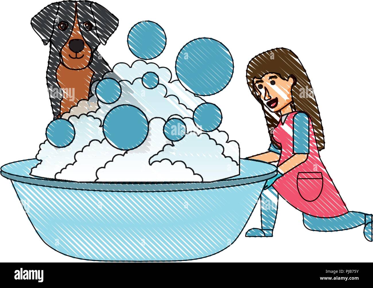 cartoon veterinary bathing a big dog over white background, vector ...