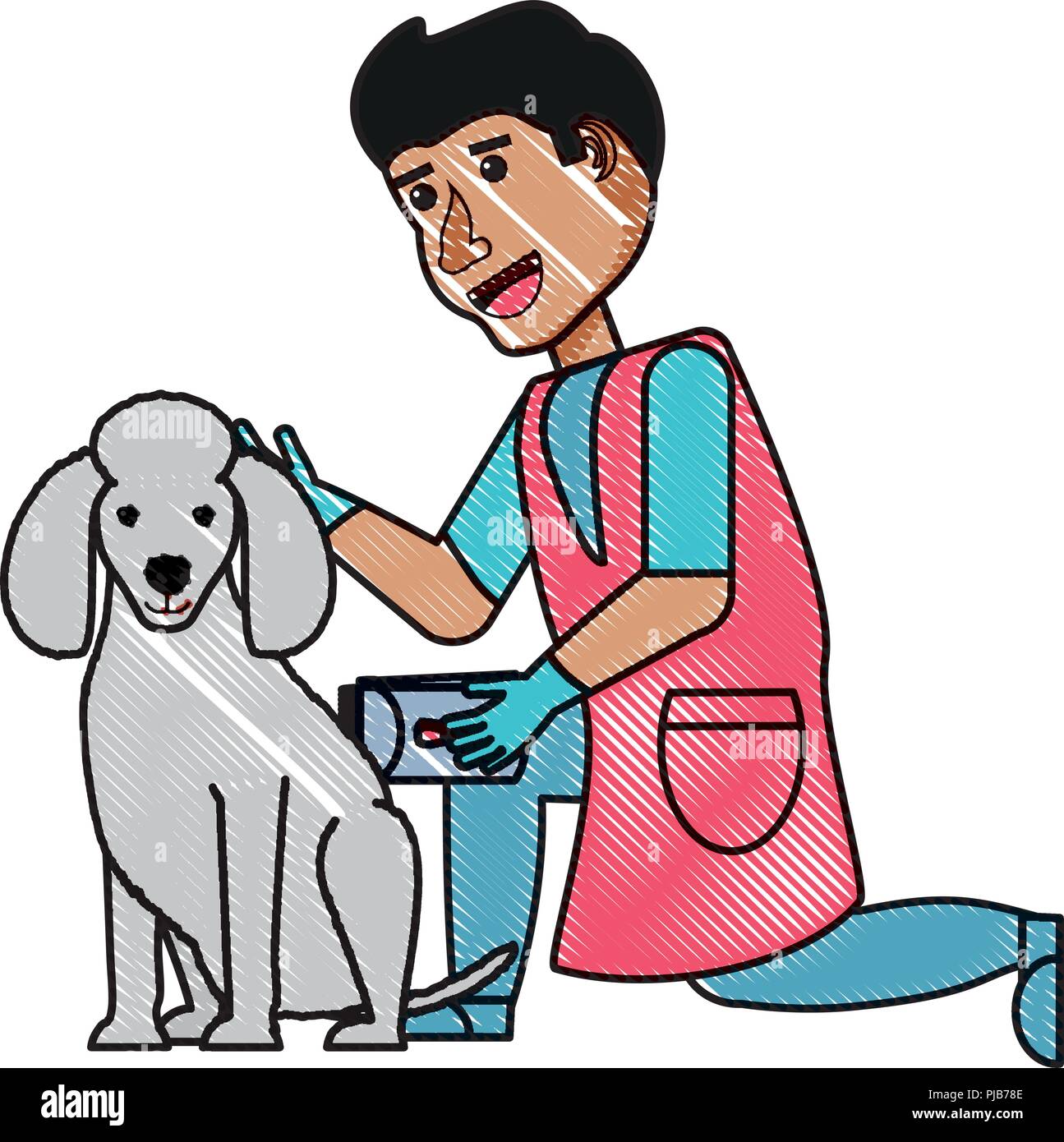cartoon vet doctor examining a cute poodle dog over white background ...