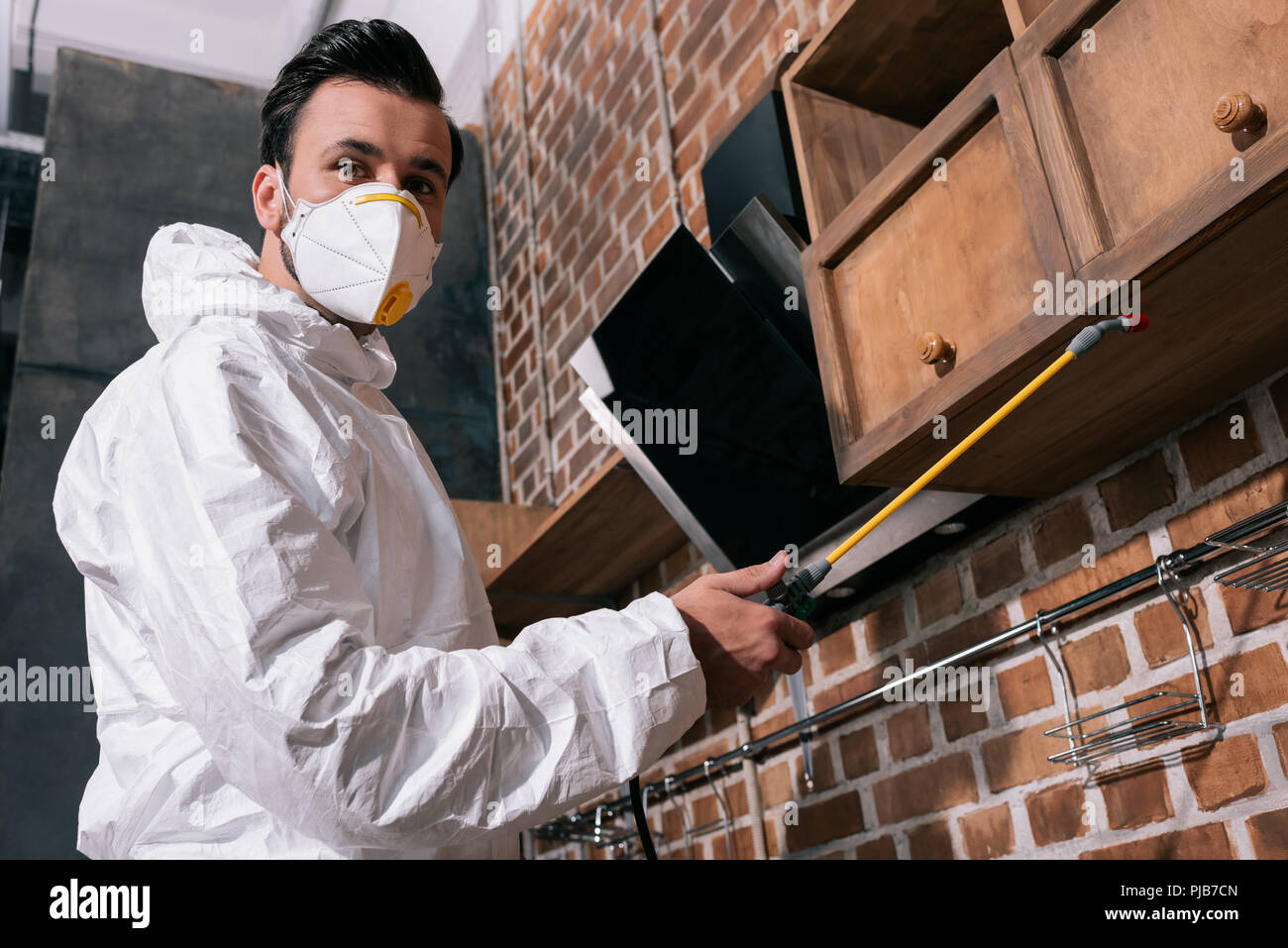 low angle view of pest control worker spraying pesticides under shelves ...