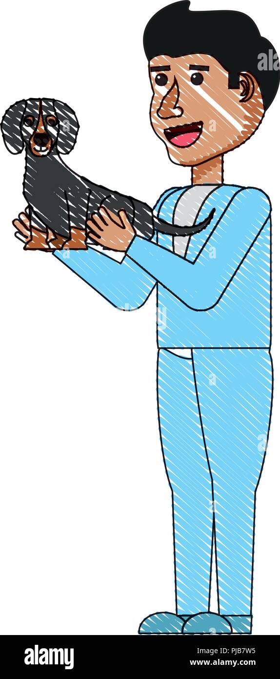 cartoon veterinary man with cute dachshund dog over white background ...