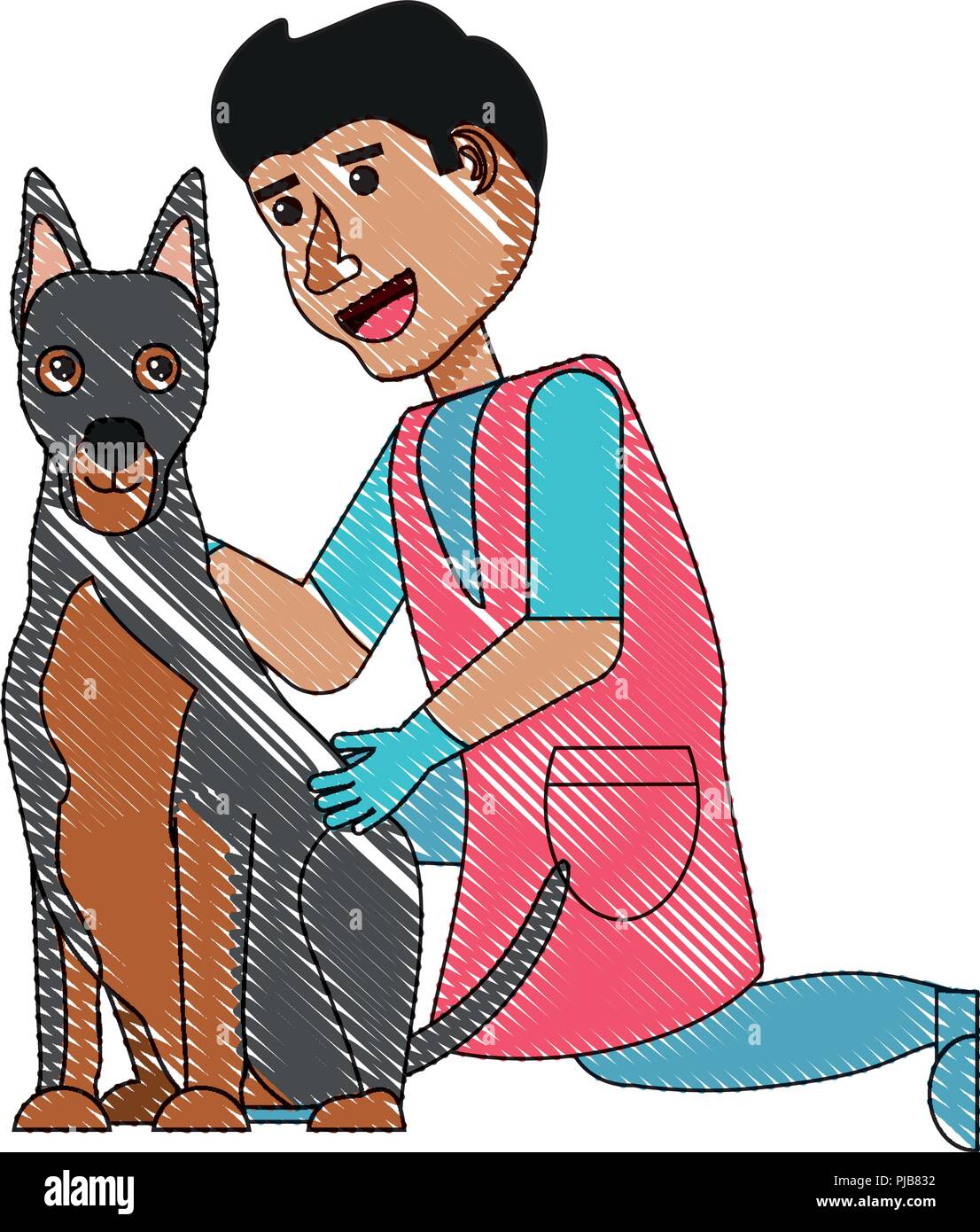 cartoon veterinary man with cute doberman dog over white background ...