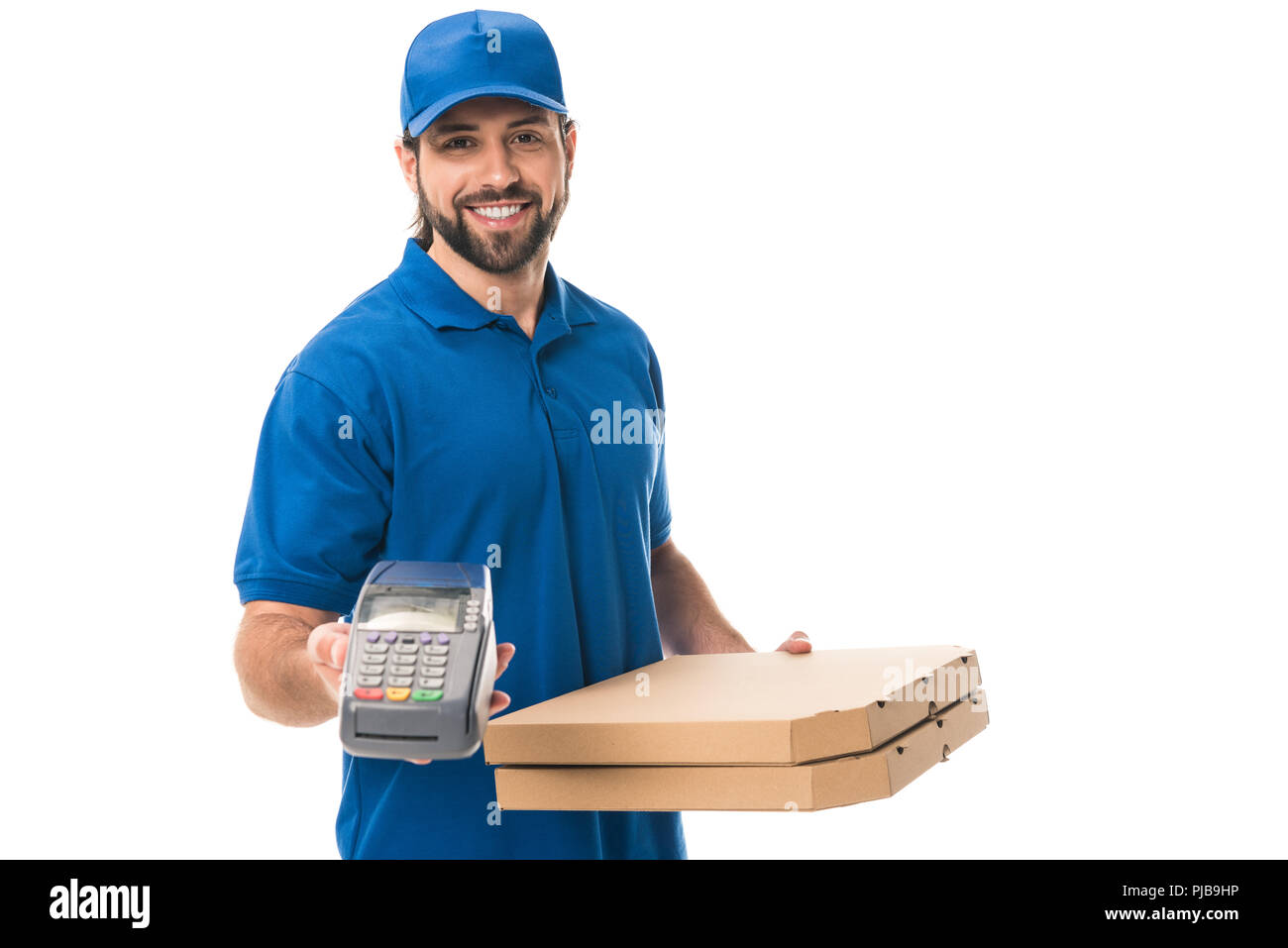 happy delivery man holding boxes with pizza and payment terminal ...